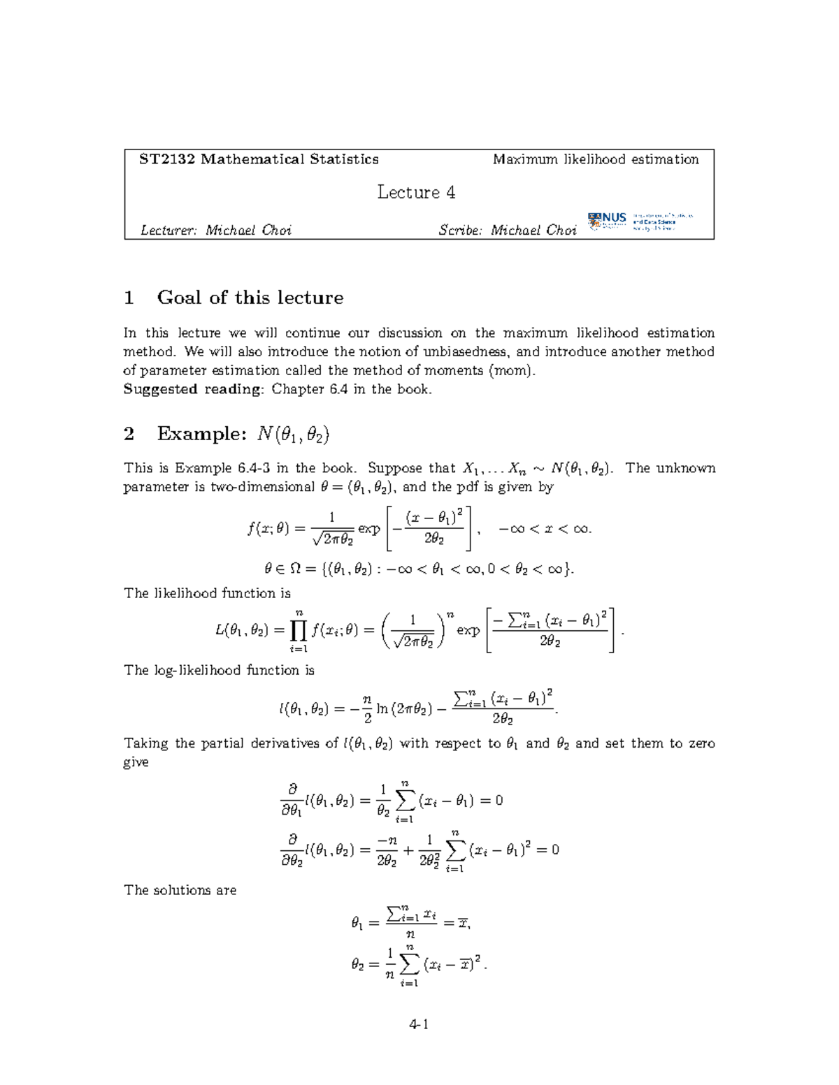 LN4 - lecture 4 notes - ST2132 Mathematical Statistics Maximum ...