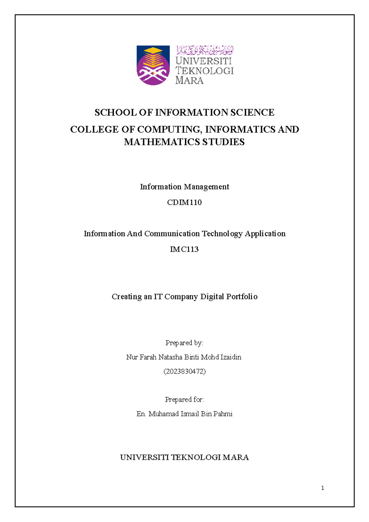 IMC113 Individual Assignment - SCHOOL OF INFORMATION SCIENCE COLLEGE OF ...