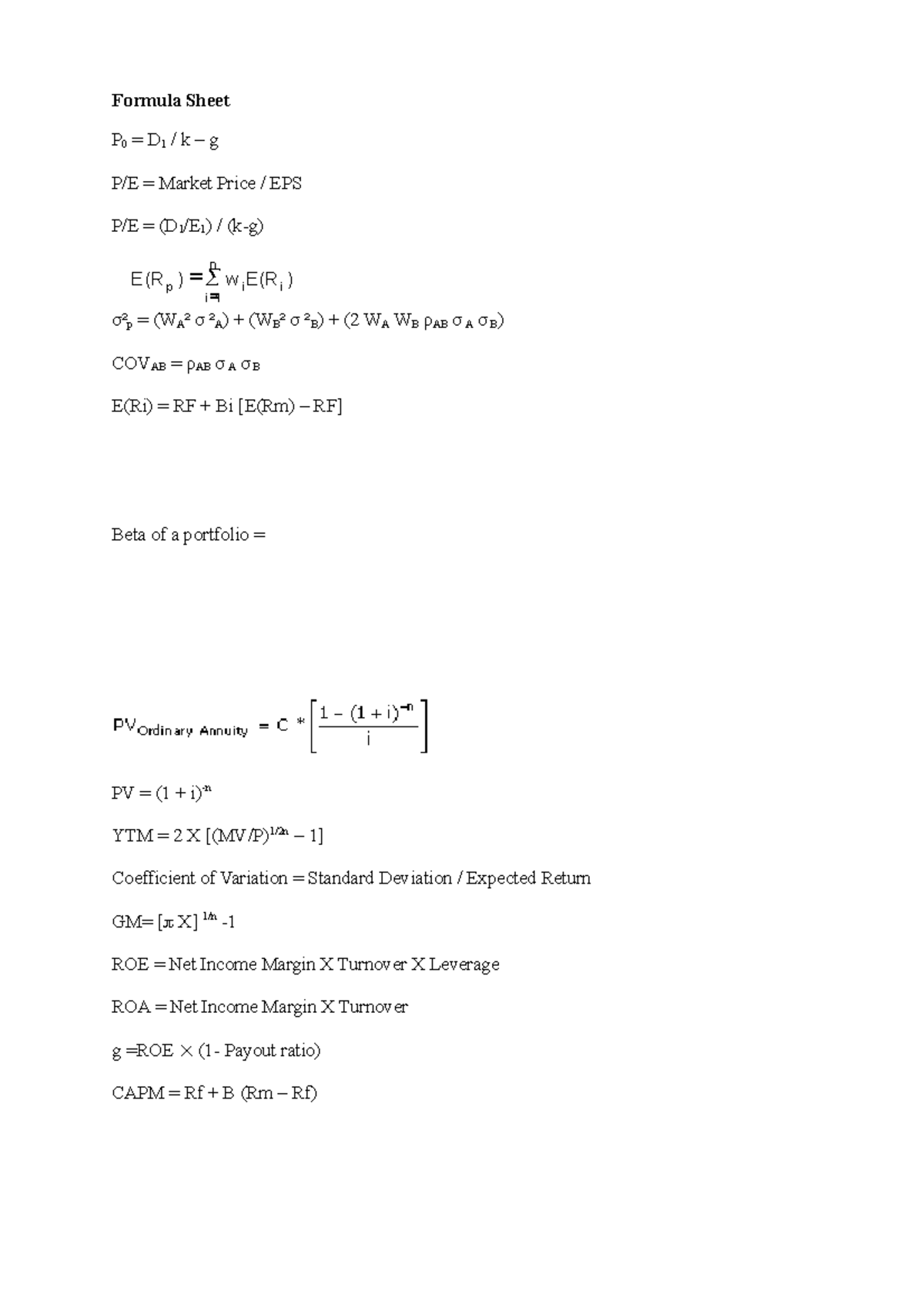FIN204-Formula Sheet - Revision Revision Revision Revision Revision ...