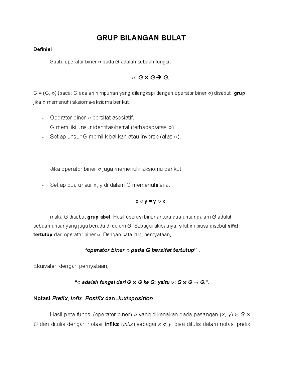 Grup Bilangan Bulat - GRUP BILANGAN BULAT Definisi Suatu operator biner ...