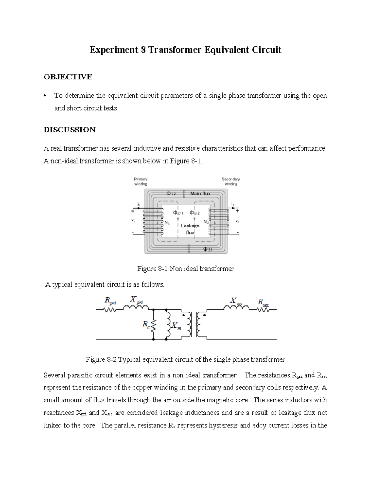 Lab 8 - Lab 8 - Experiment 8 Transformer Equivalent Circuit OBJECTIVE ...