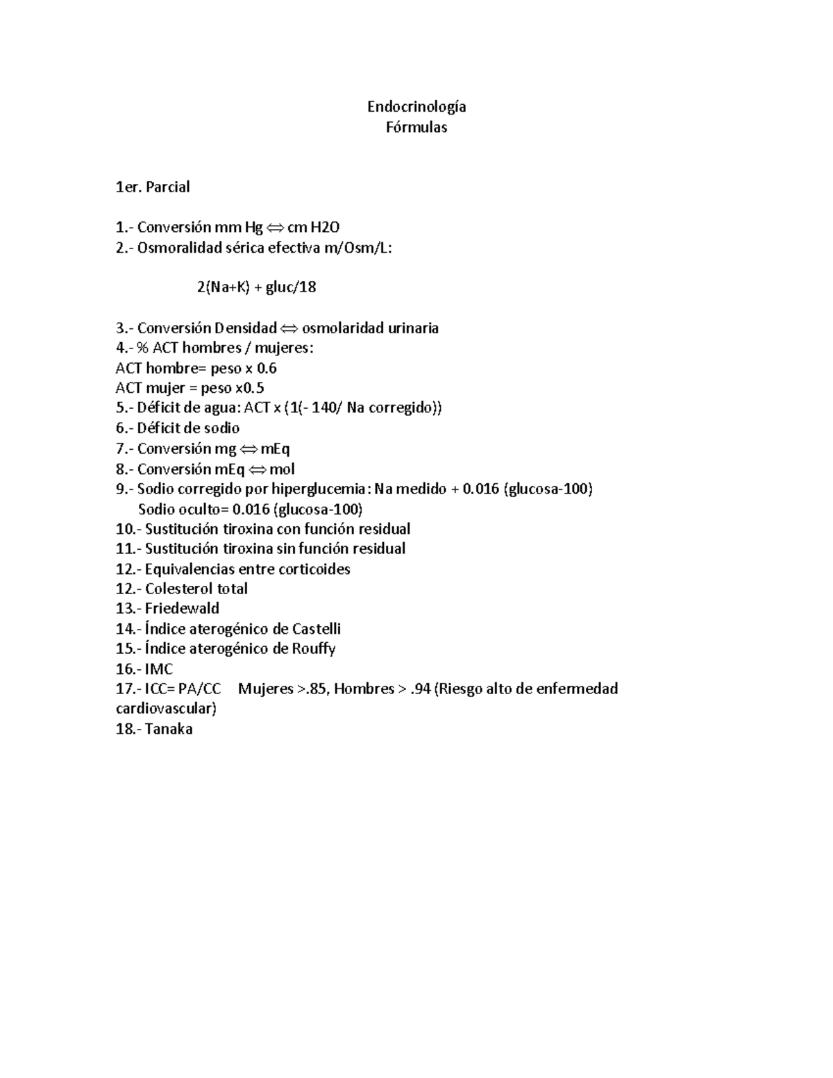 Fórmulas segundo parcial endo - Endocrinología Fórmulas 1er. Parcial 1 ...