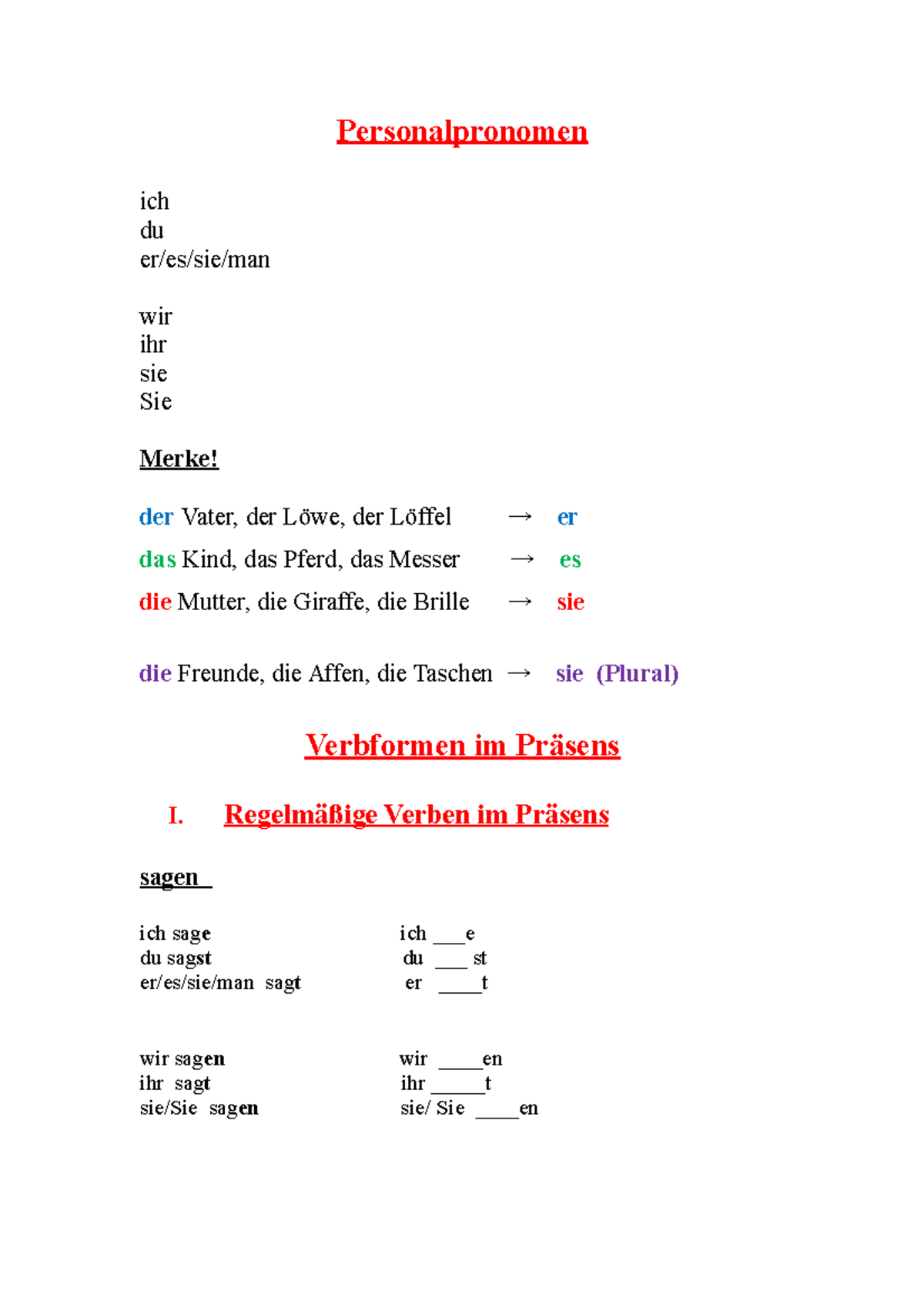 1. regelmäßige und unregelmäßige Verben im Präsens - Personalpronomen ...