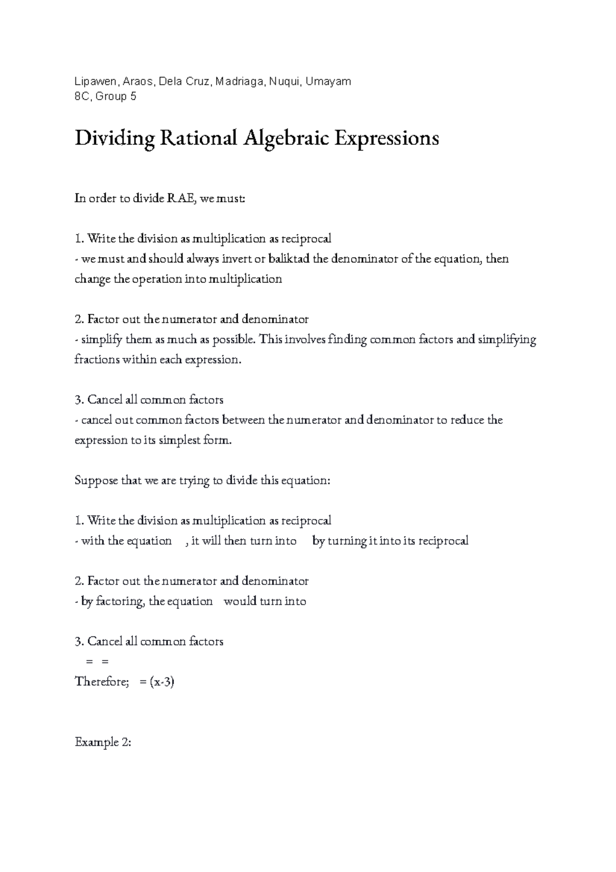 Dividing Rational Algebraic Expressions - Write the division as ...