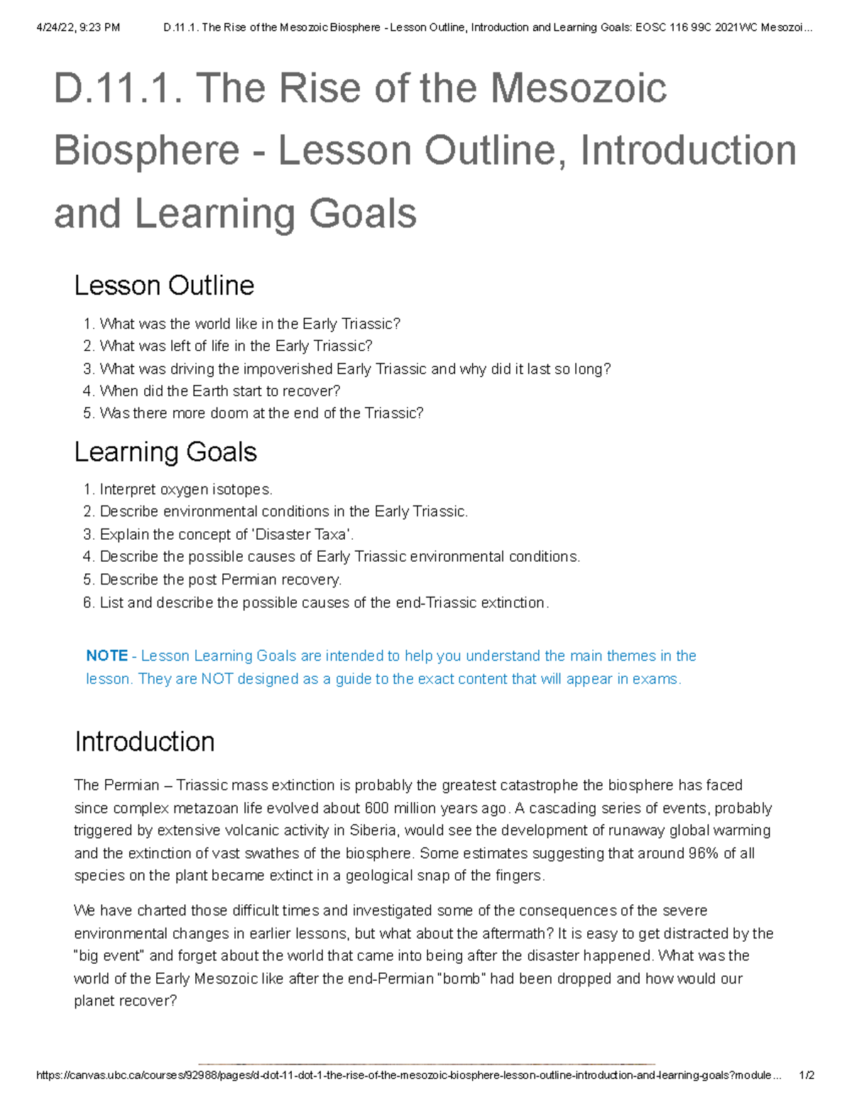 D.11.1. The Rise of the Mesozoic Biosphere - Lesson Outline ...