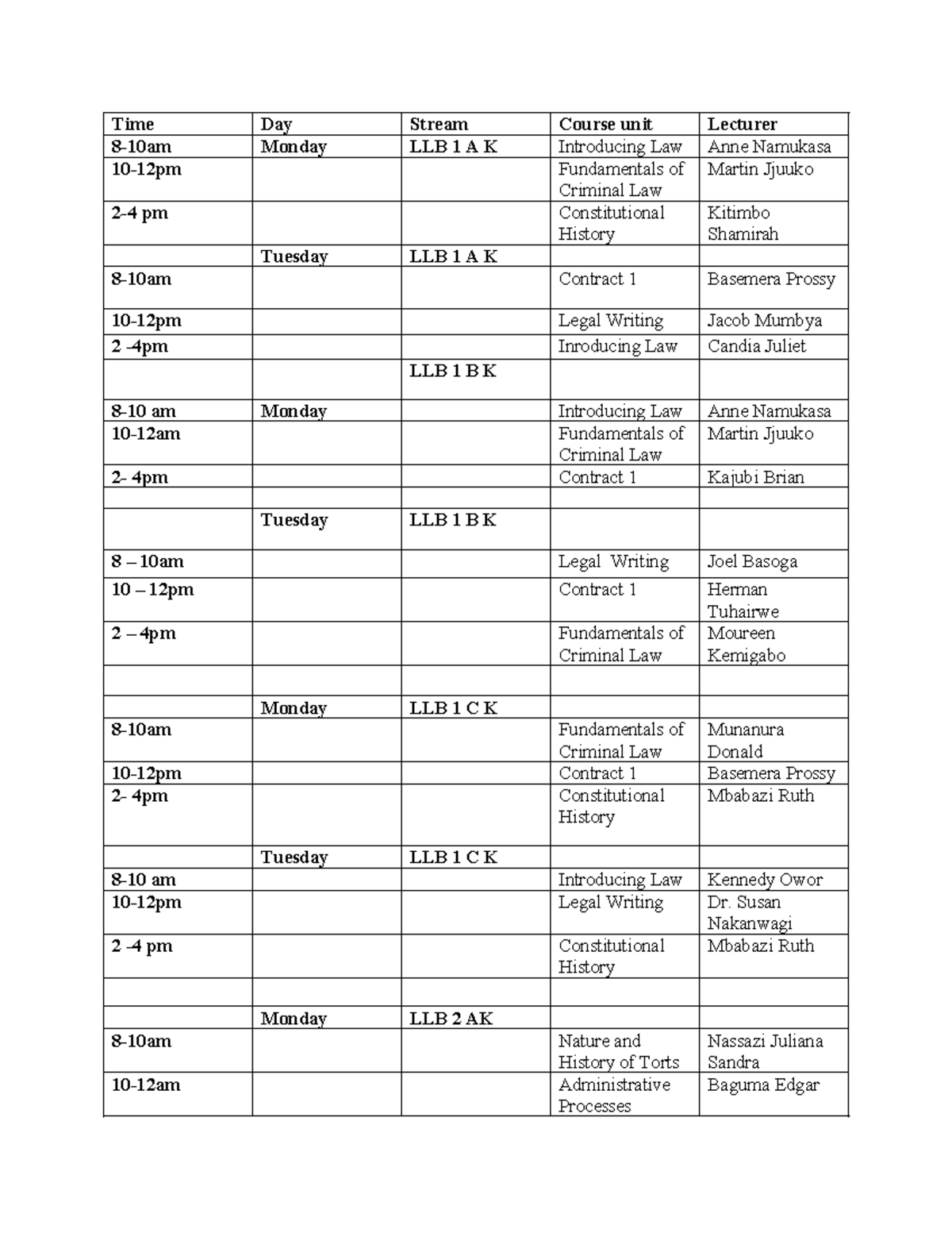 Kampala Campus - Draft Timetable-1 - Time Day Stream Course unit ...