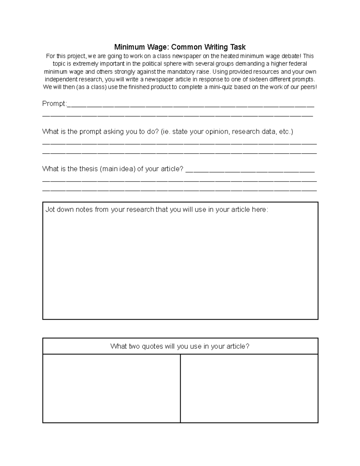 Common Writing Task Organizer - Minimum Wage: Common Writing Task For ...