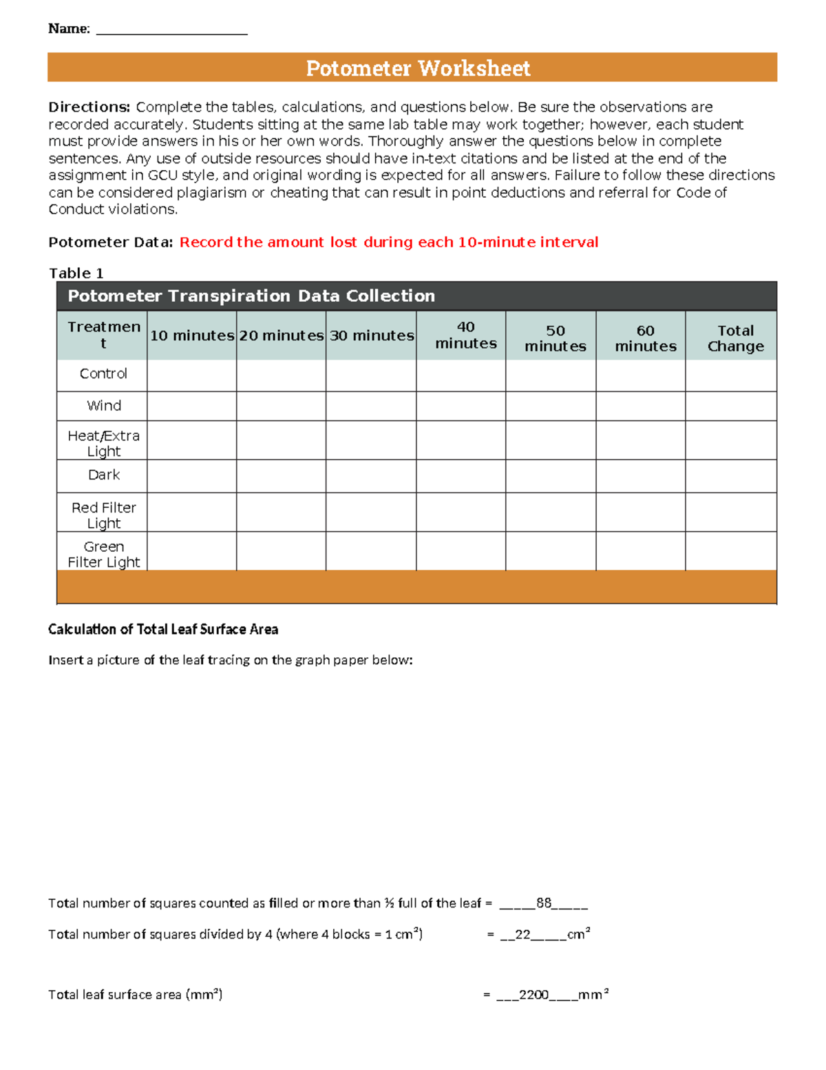 Lab 6 - Name: Potometer Worksheet Directions: Complete the tables ...