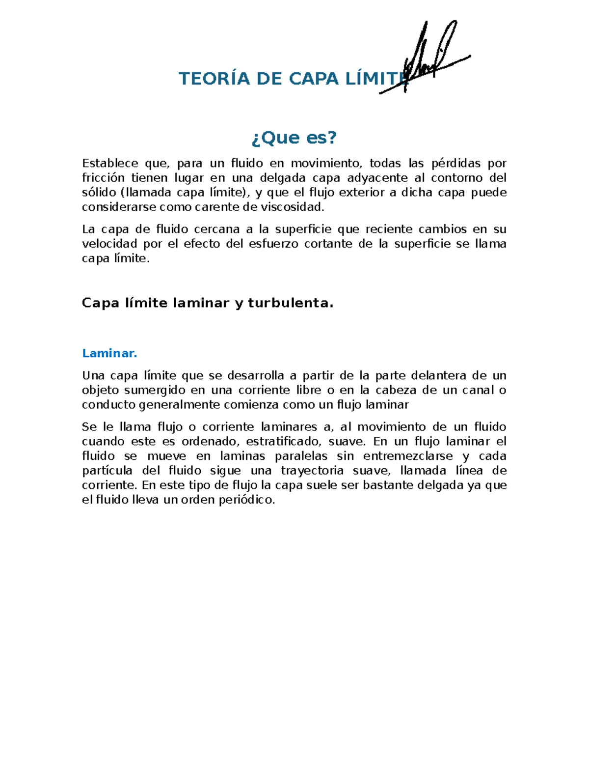 Teoría DE CAPA Límite - Resumen sobre capa limite laminar y turbulenta ...