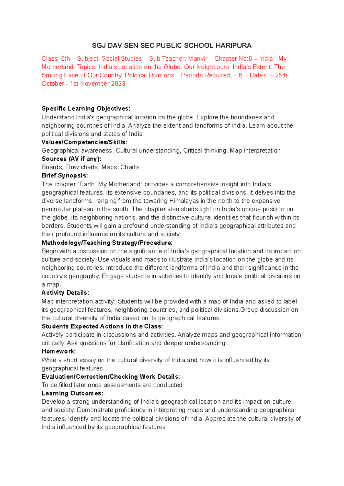 6th- Ch. No 6 - Lesson plan - SGJ DAV SEN SEC PUBLIC SCHOOL HARIPURA ...