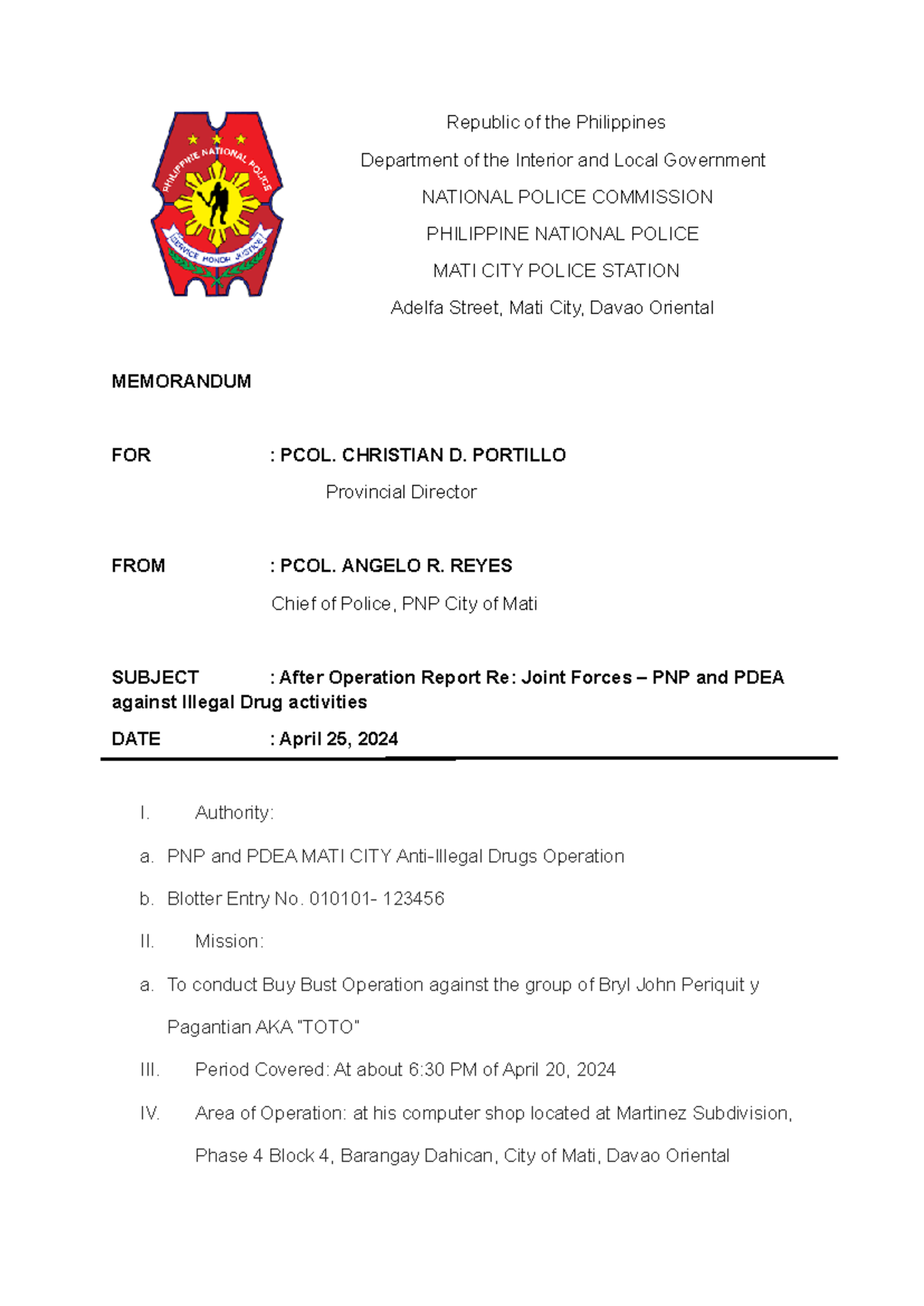 After Operation Report - Republic of the Philippines Department of the ...