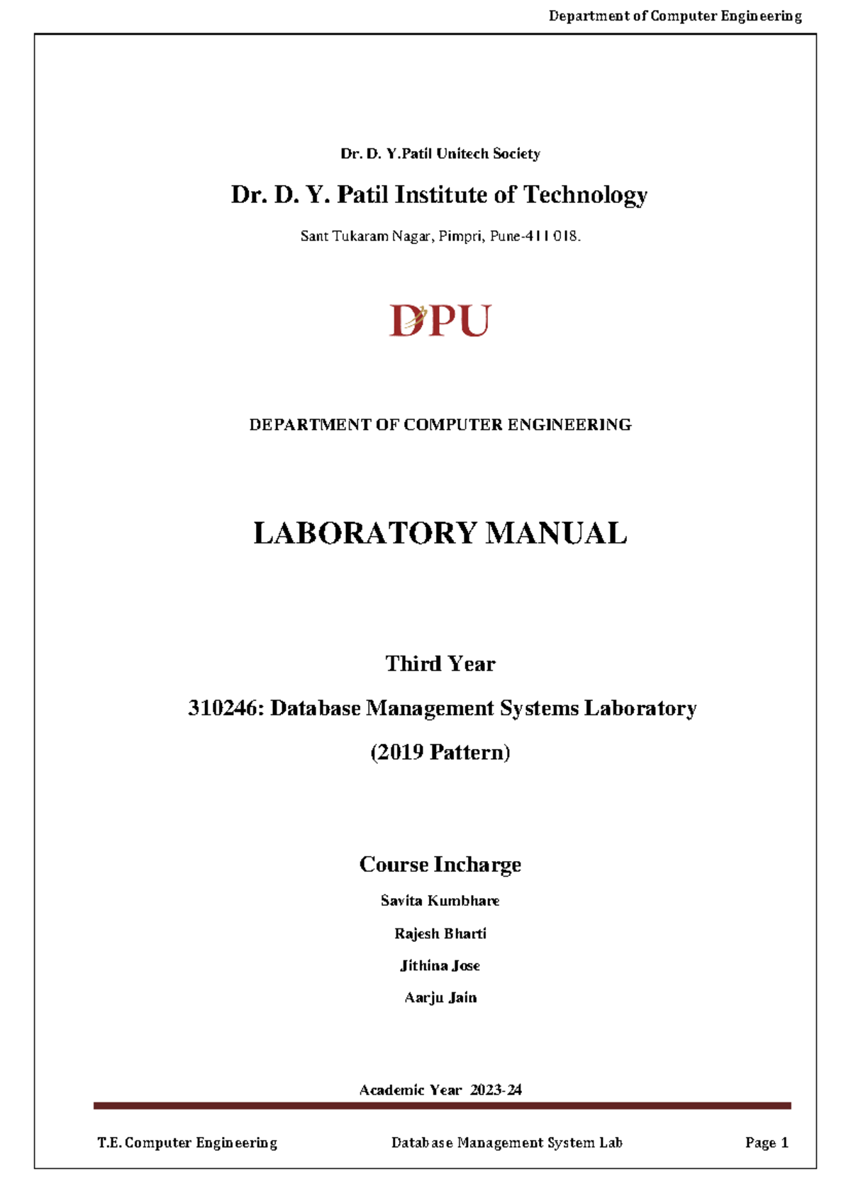 LAB Manual DBMS - Dr. D. Y Unitech Society Dr. D. Y. Patil Institute of ...