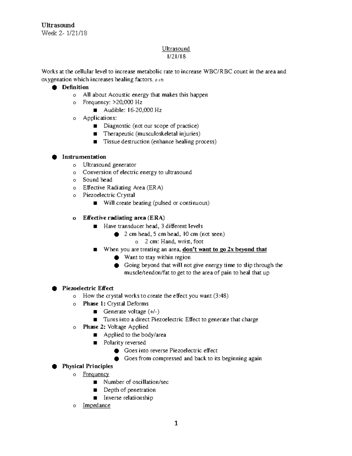 Ultrasound - Lecture notes week 2 - Week 2- 1/21/ Ultrasound 1/21 ...
