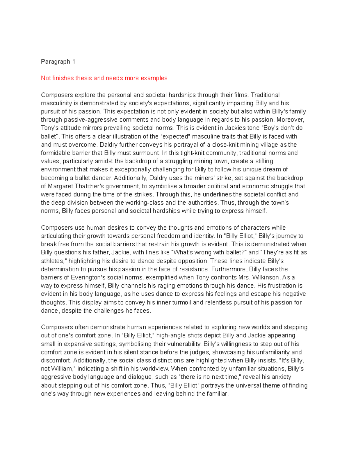 Billy Elliot essay - Paragraph 1 Not finishes thesis and needs more ...