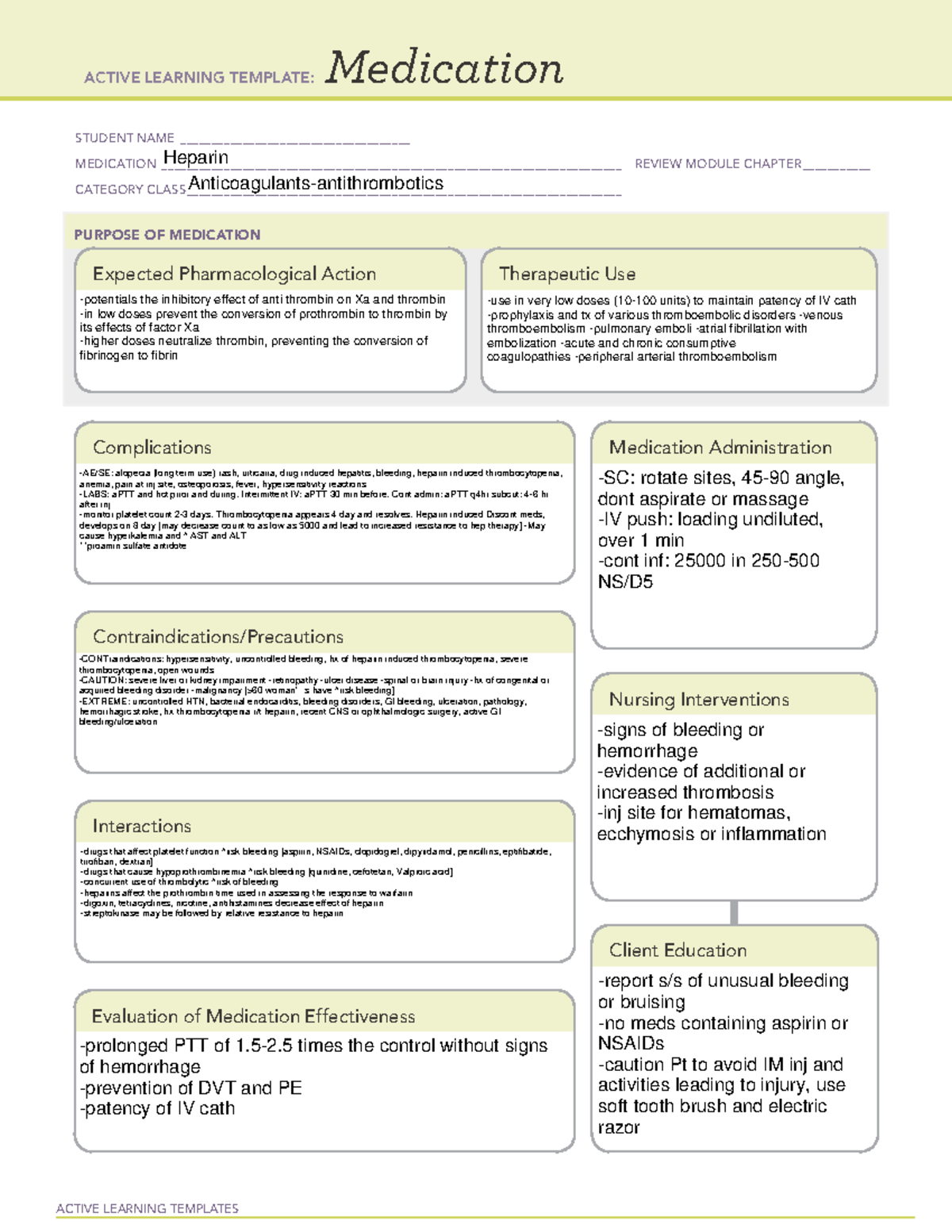 Heparin-med sheet - ACTIVE LEARNING TEMPLATES Medication STUDENT NAME ...