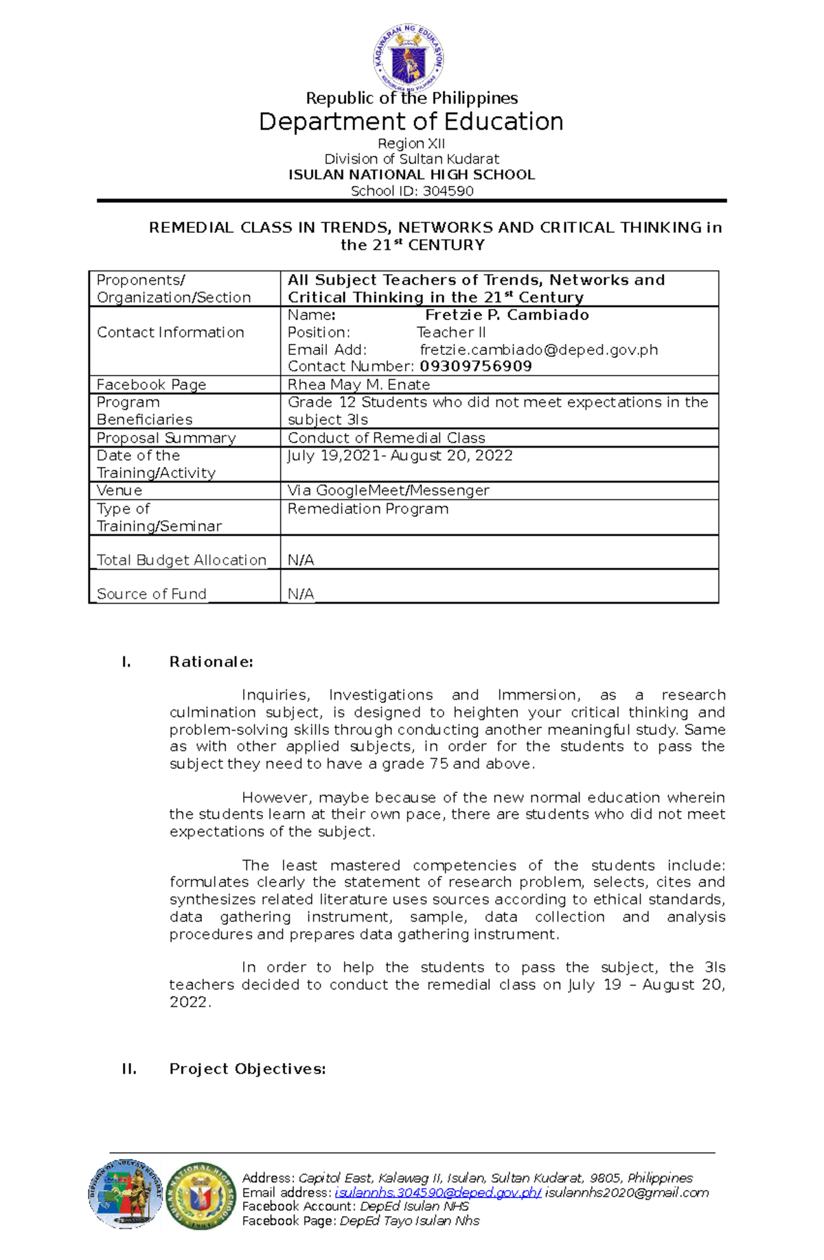 Remedial-Classl Class - Republic of the Philippines Department of ...