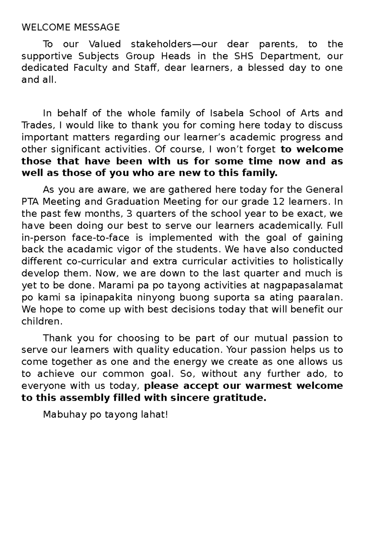 Welcome Message-PTA - WELCOME MESSAGE To our Valued stakeholders—our ...