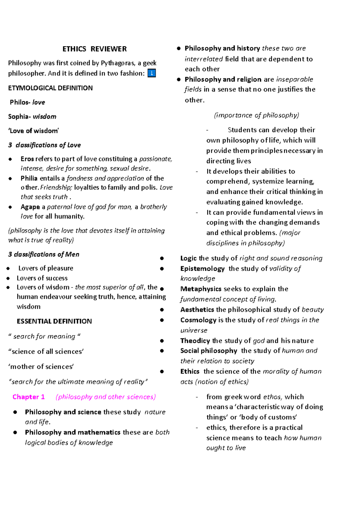Ethics- Reviewer - sdasda - ETHICS REVIEWER Philosophy was first coined ...