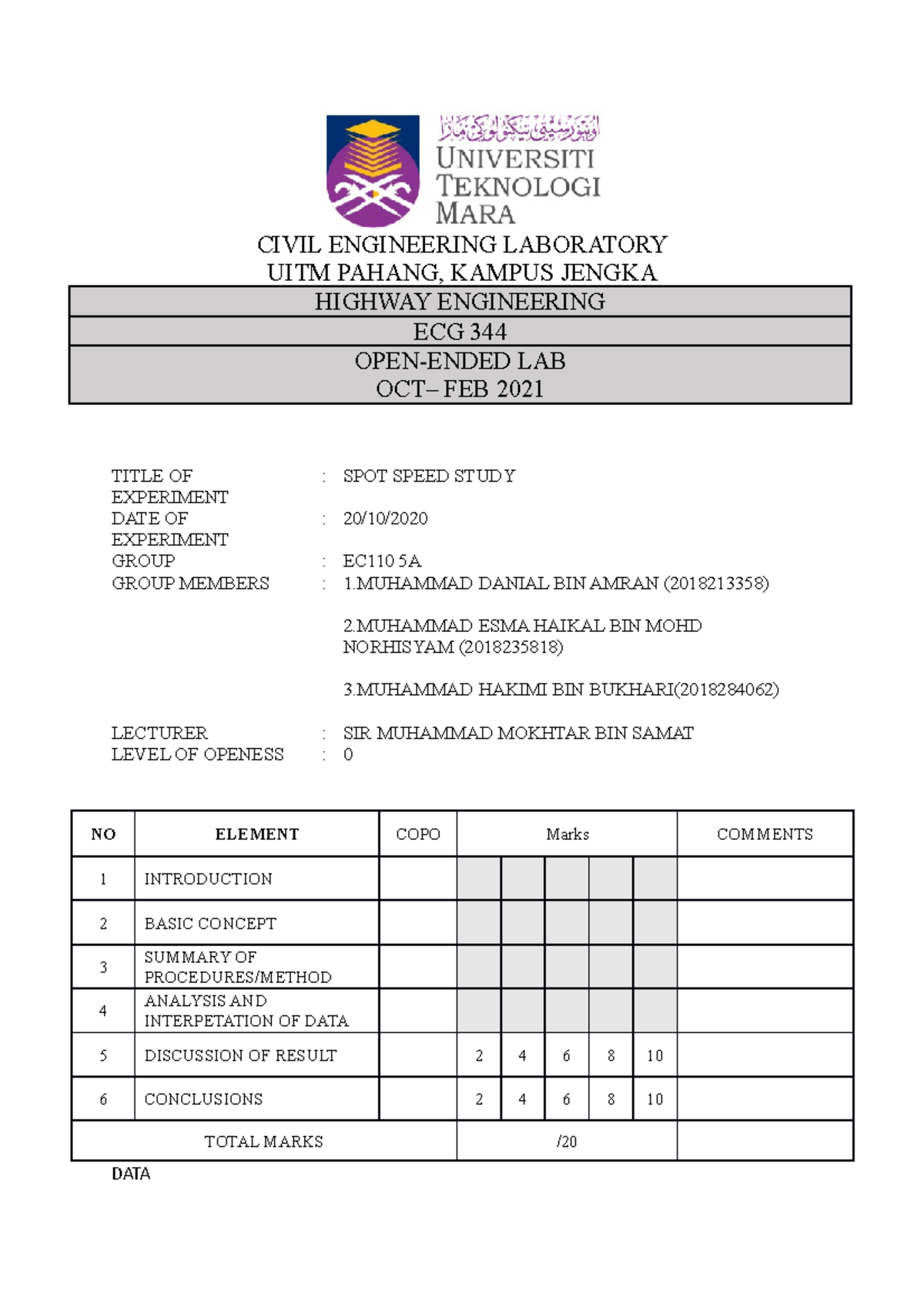 Spot speed lab 1 - lab report - CIVIL ENGINEERING LABORATORY UITM ...