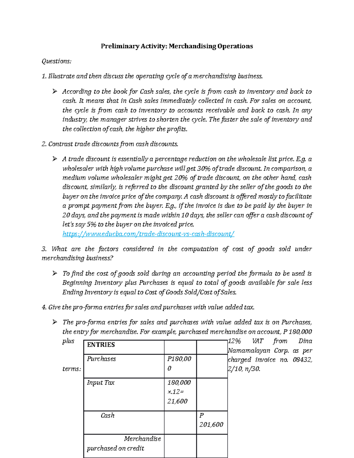 Preliminary Activity in Merchandising Operations - Preliminary Activity ...