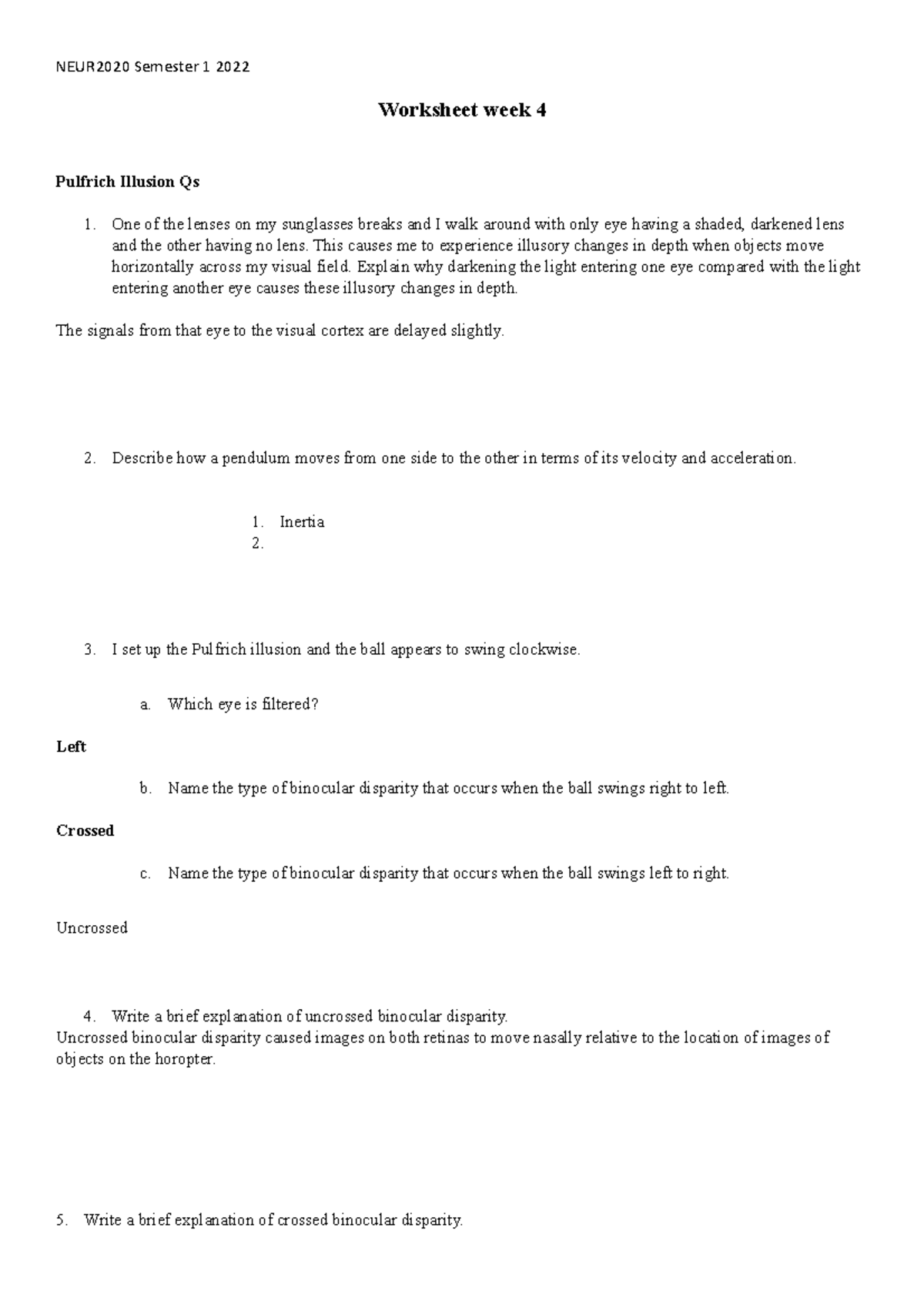 NEUR2020 Worksheet tutorial 3 - NEUR2020 Semester 1 2022 Worksheet week ...