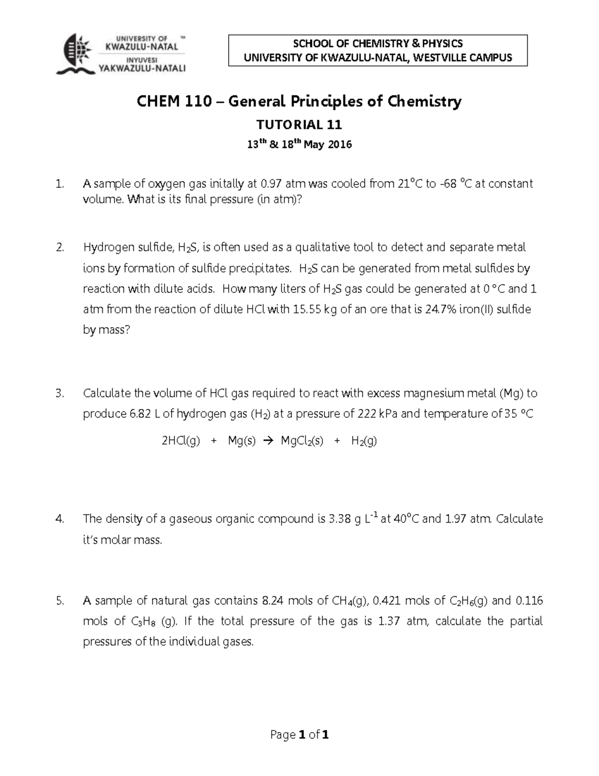 Tutorial 11 - chem 110 question on general principles - SCHOOL OF ...
