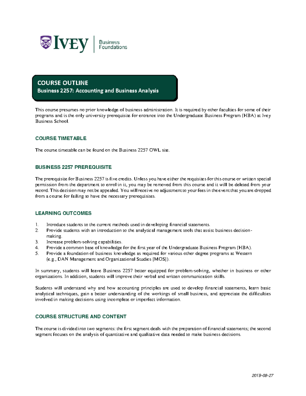 Business 2257: Accounting and Business Analysis Course Outline - Studocu
