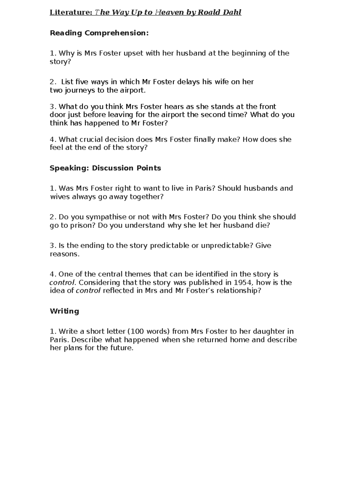 Set of activities The way up tp heaven - Literature: The Way Up to ...