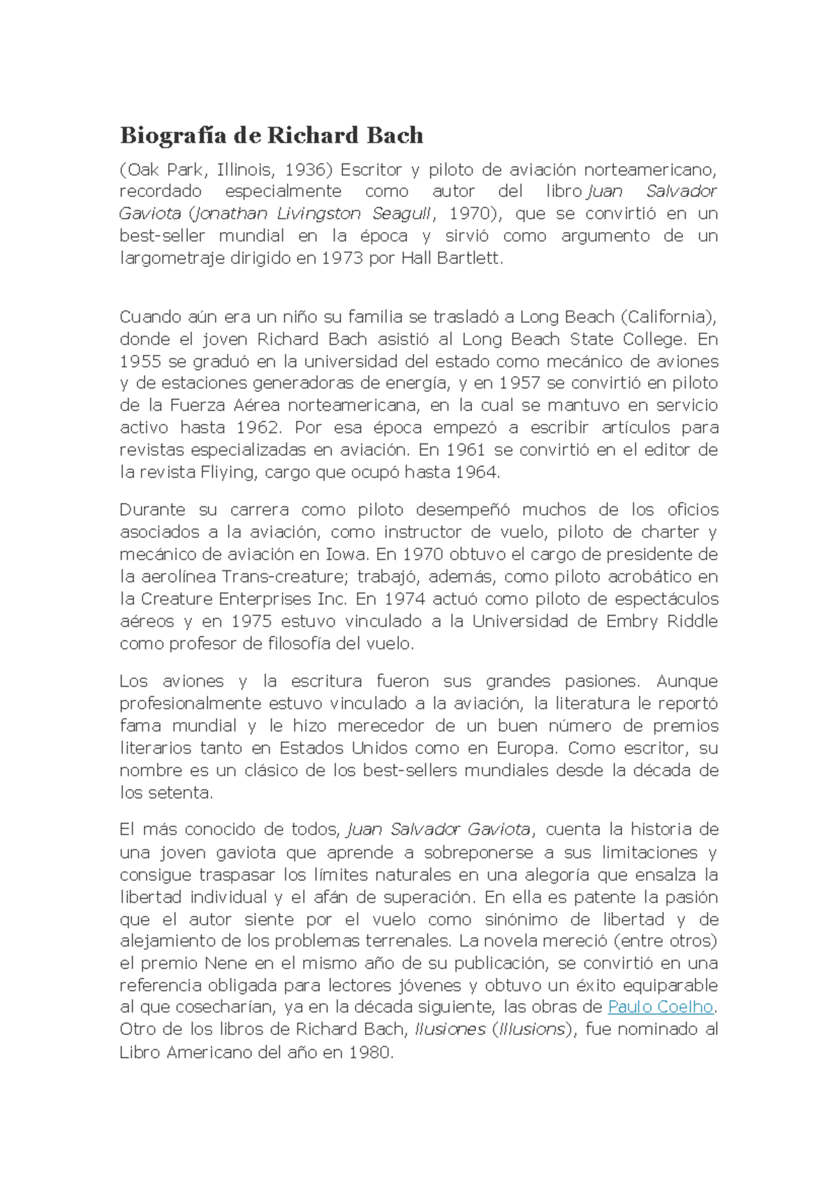 Biografía de Richard Bach - Biografía de Richard Bach (Oak Park ...