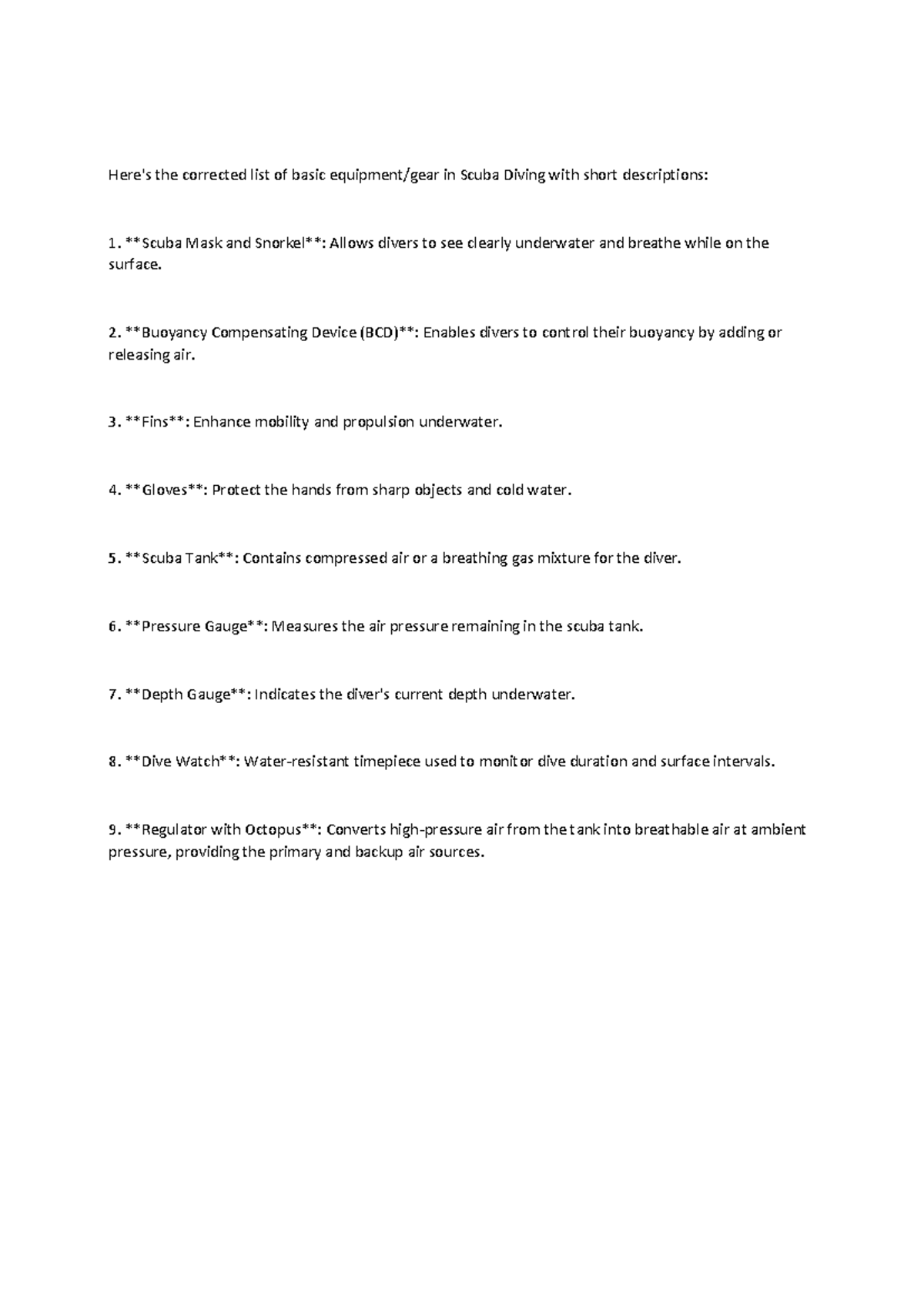 Scuba diving - underwater - Here's the corrected list of basic ...