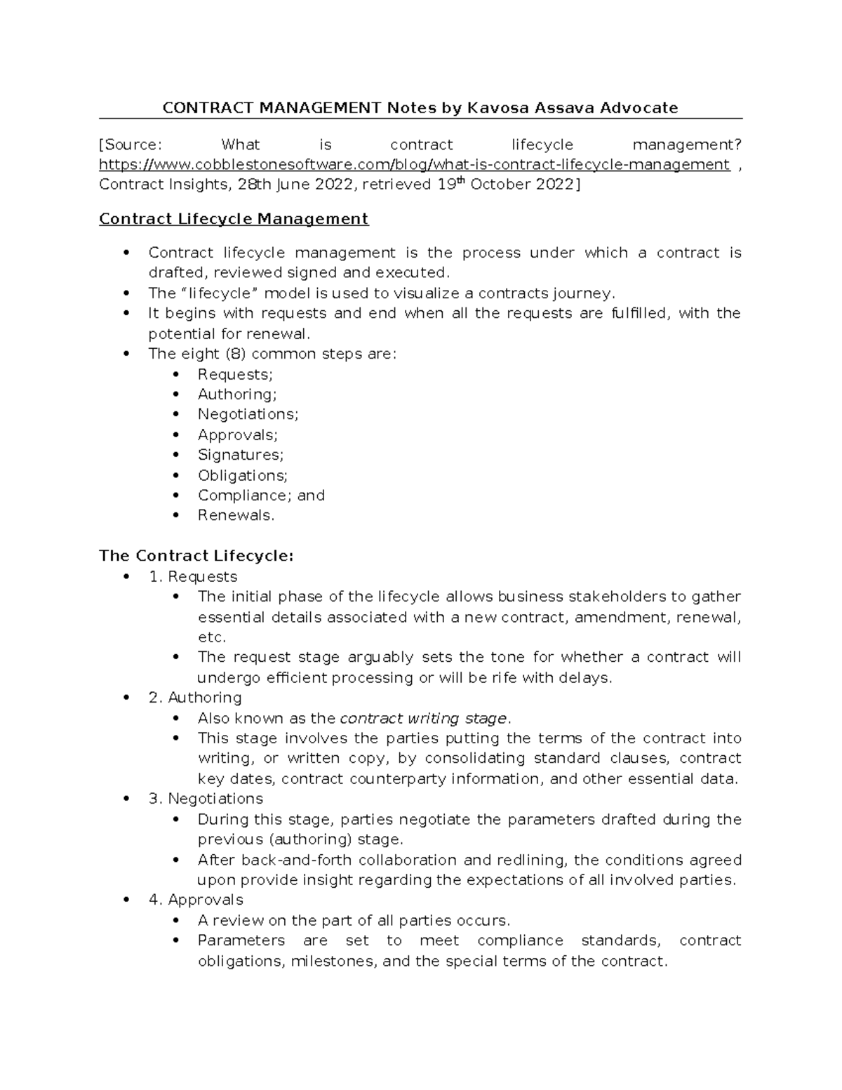 Contract Management Notes by Kavosa Assava Advocate - CONTRACT ...