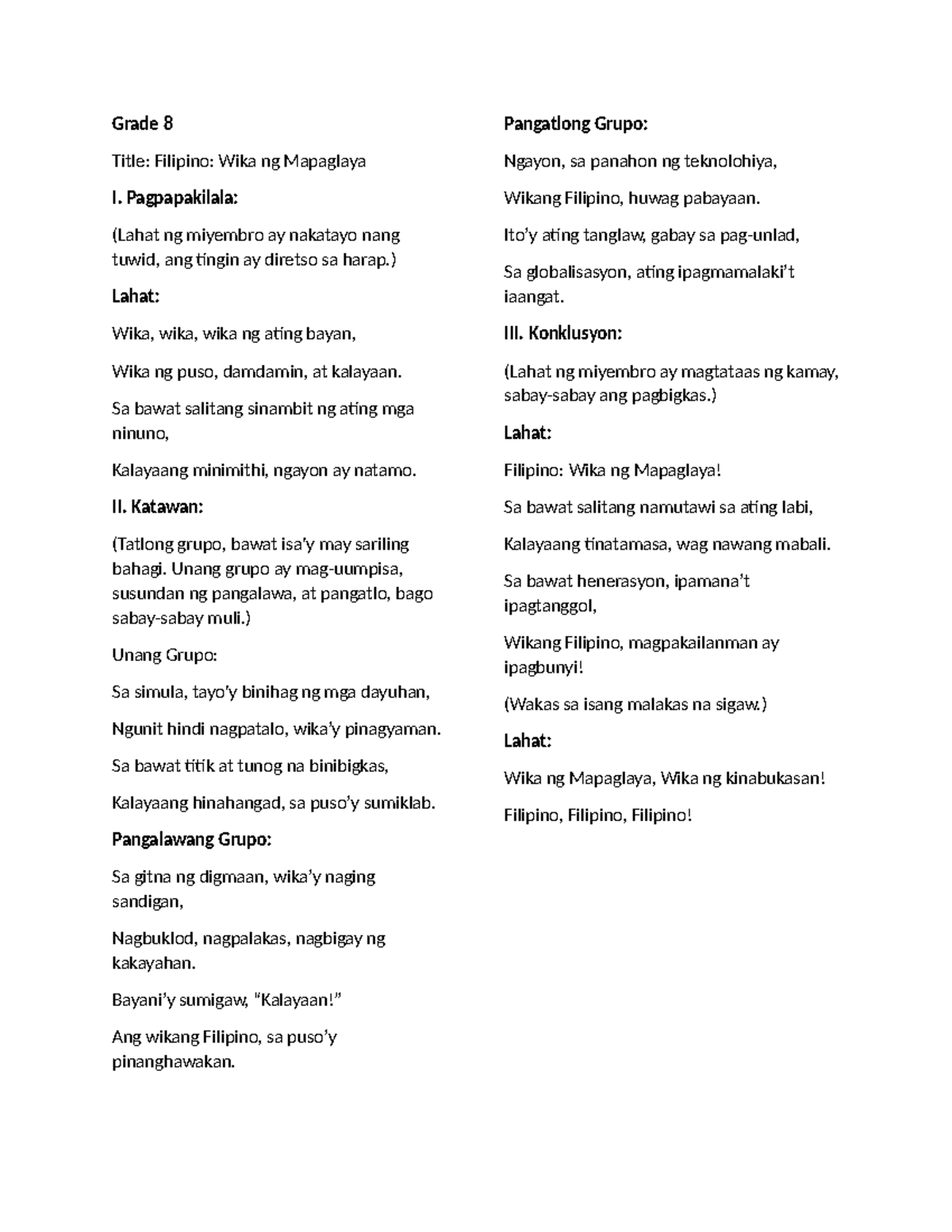 Sabayang pagbigkas 2024 - Grade 8 Title: Filipino: Wika ng Mapaglaya I ...