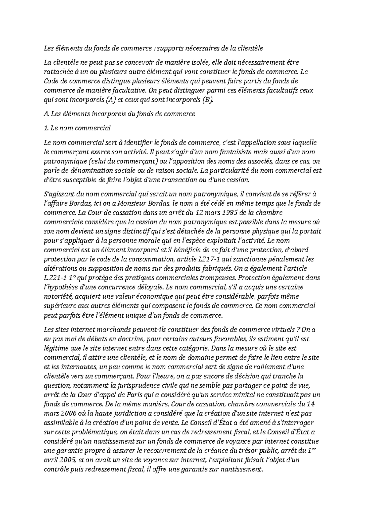 Les éléments du fonds de commerce - Les du fonds de commerce : supports ...