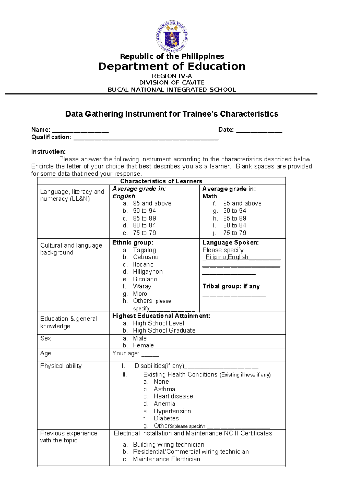 1- Data gathering sheet - Republic of the Philippines Department of ...