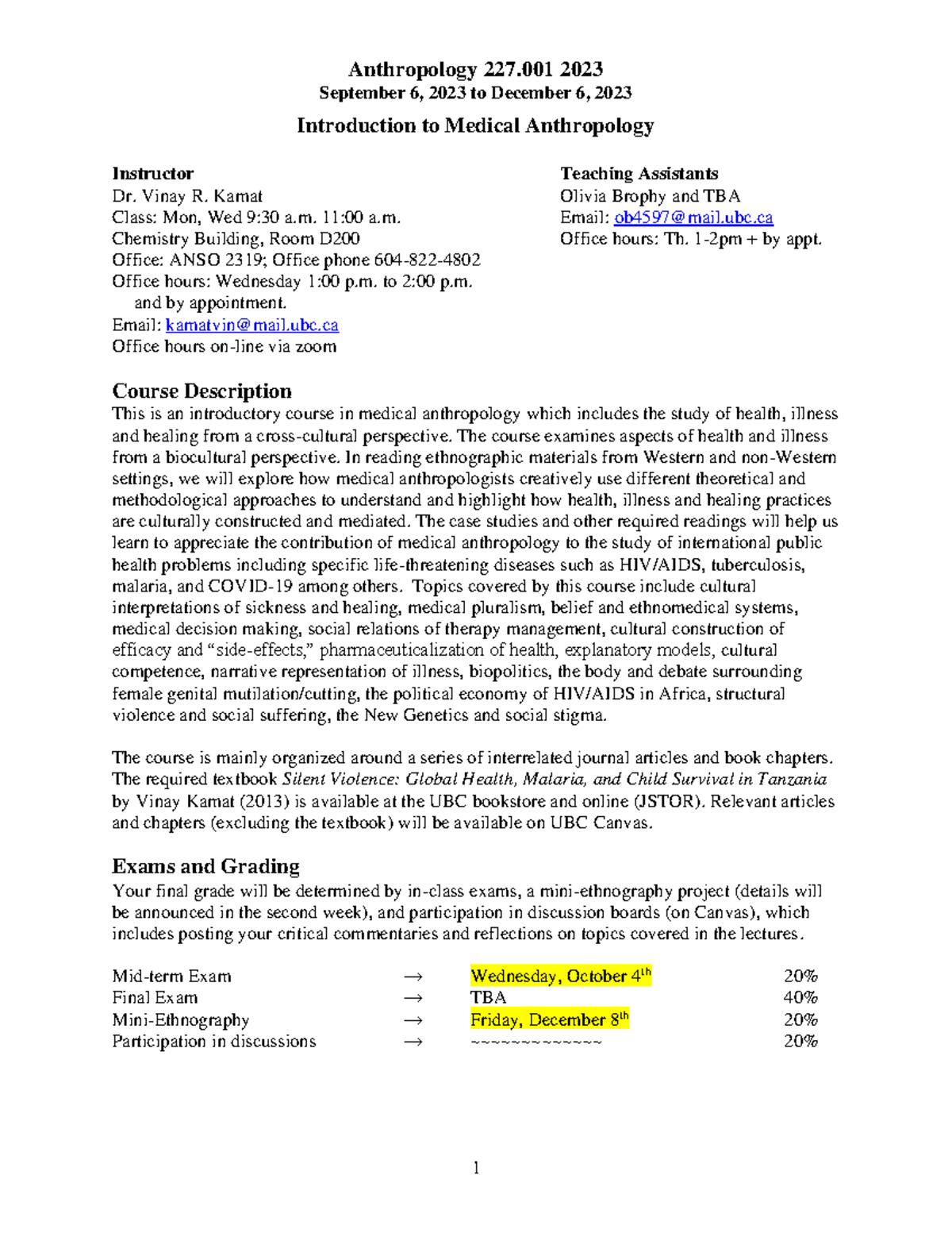 ANTH 227.001.2023.Introduction to Medical Anthropology.Syllabus.September 20, 2023 - September 6 ...