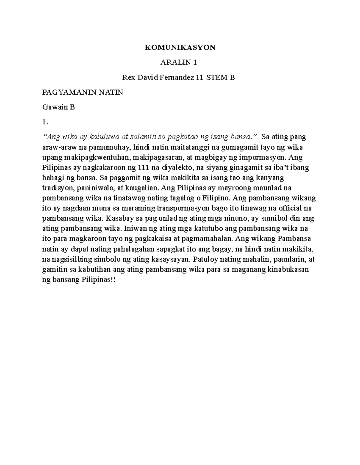 Komunikasyon Aralin 1 Gawain B1 - KOMUNIKASYON ARALIN 1 Rex David Fernandez 11 STEM B PAGYAMANIN ...