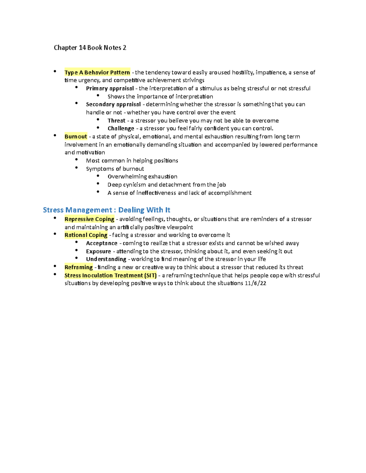 Chapter 14 Book Notes 2 - Chapter 14 Book Notes 2 Type A Behavior ...