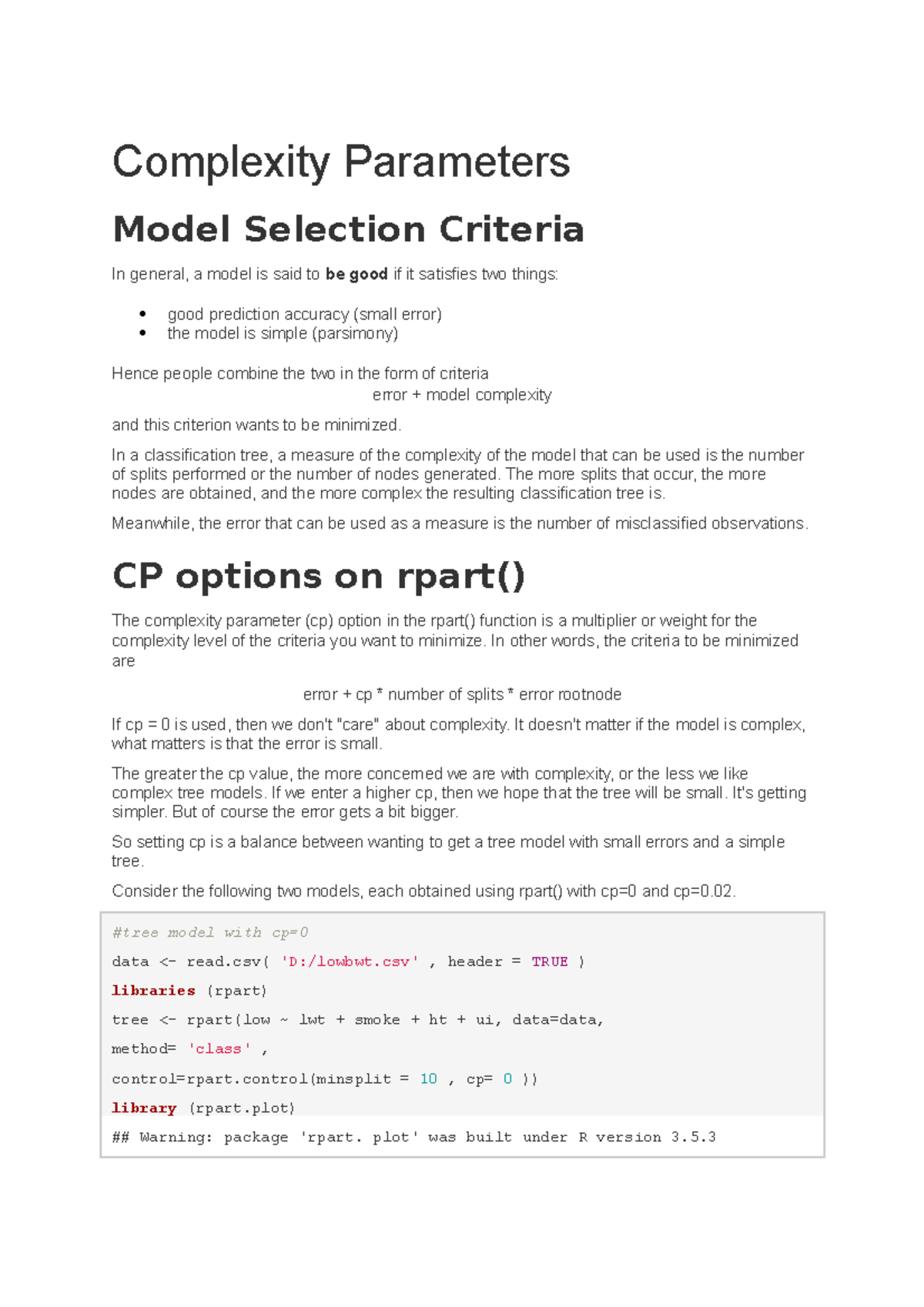 Complexity Parameter Model Selection Criteria Determines The Optimal Cp Value Complexity