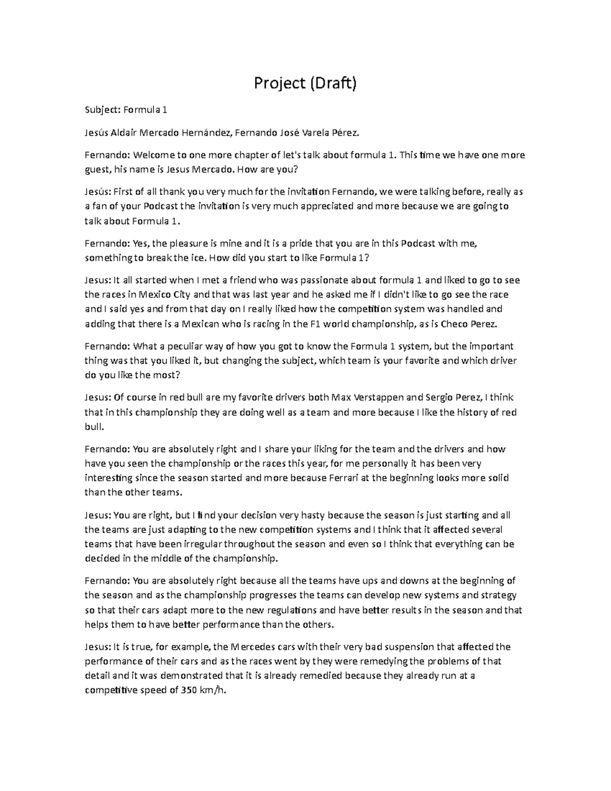 Project (Draft) - proyecto - Project (Draft) Subject: Formula 1 Jesús ...