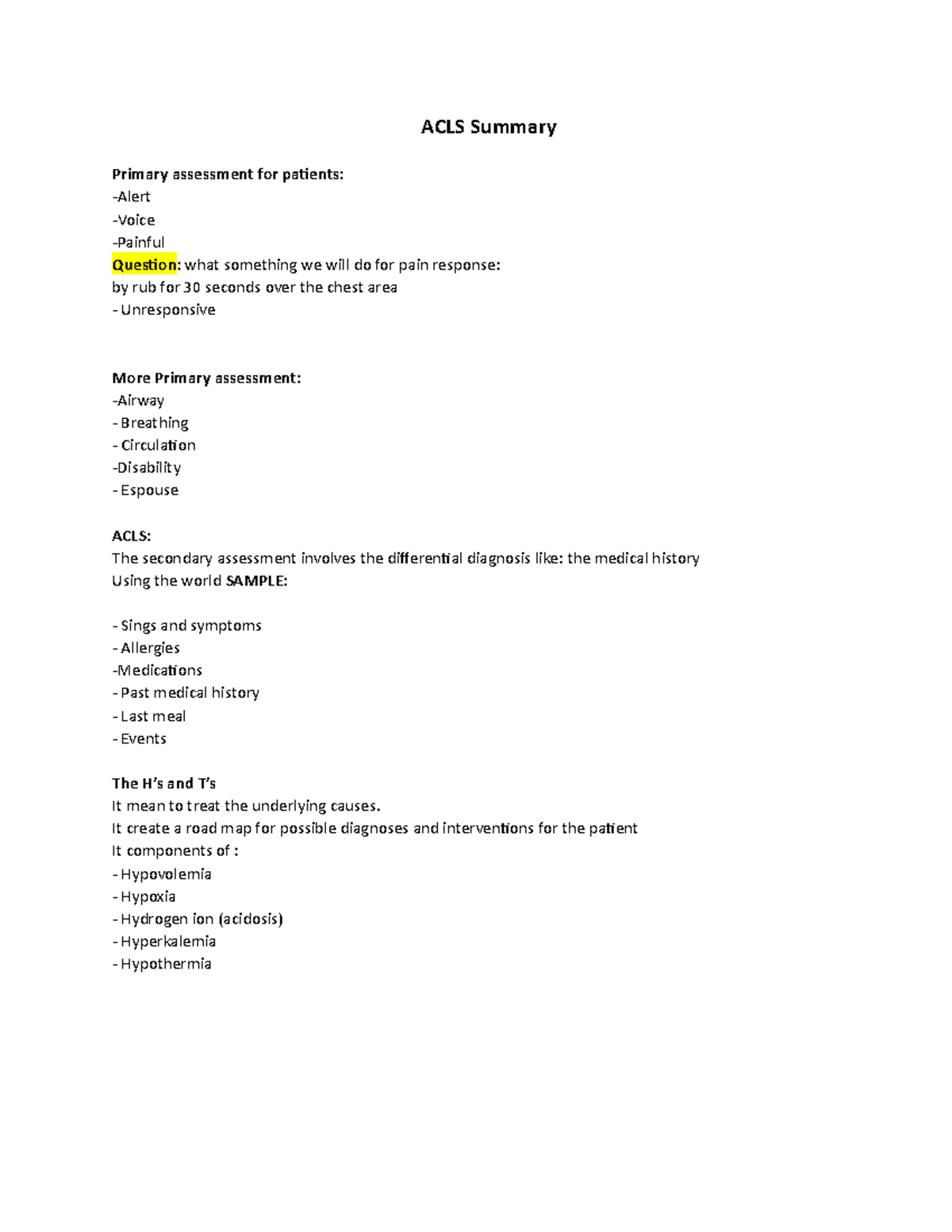 ACLS Summary - ACLS Summary Primary assessment for patients: -Alert ...
