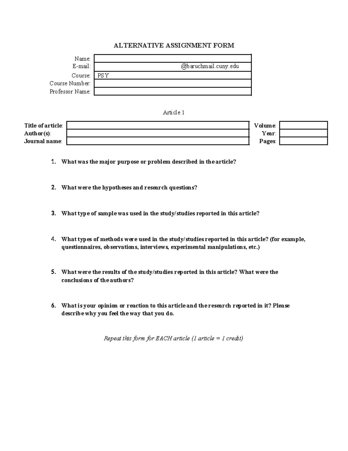 Alternative Assignment Form - ALTERNATIVE ASSIGNMENT FORM Name: E-mail ...