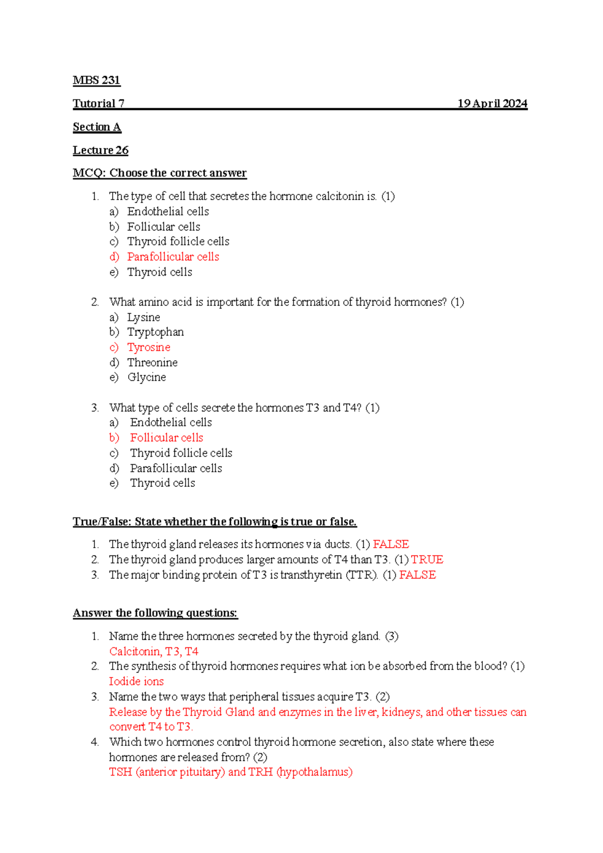 MBS 231 Tutorial 7 MEMO - MBS 231 Tutorial 7 19 April 2024 Section A ...