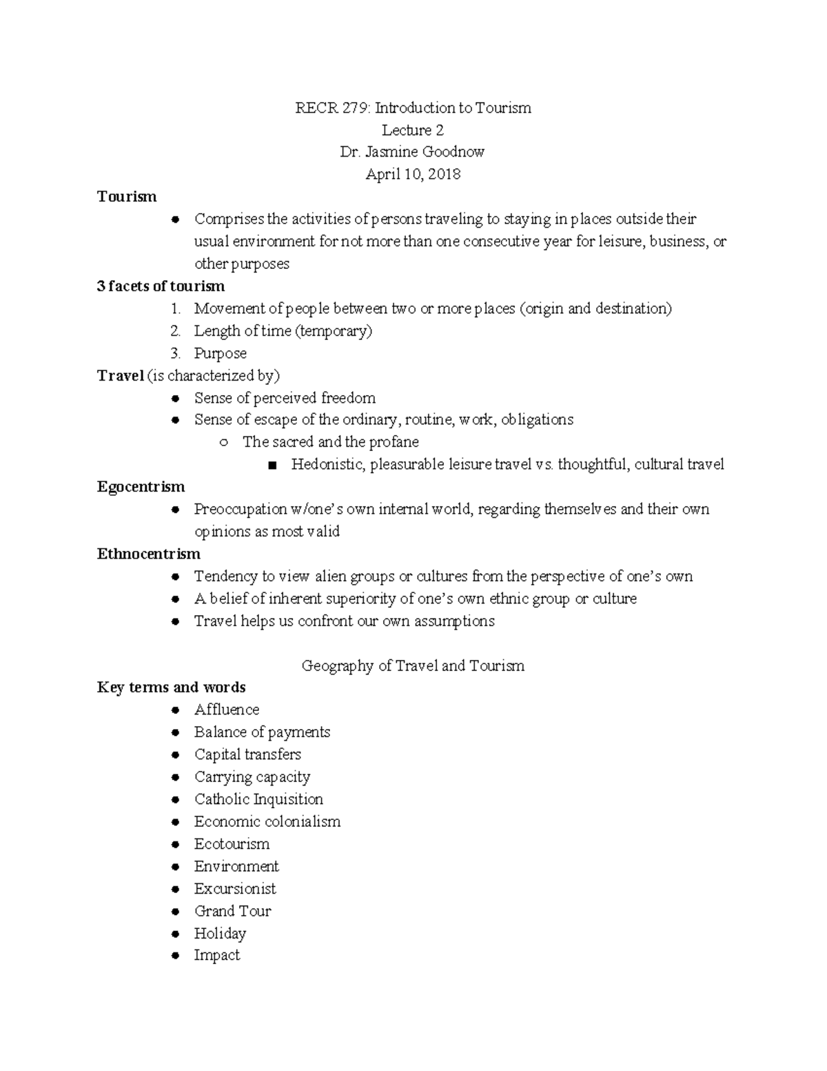 Lecture 2 (Tourism) - Professor Dr. Jasmine Goodnow - RECR 279 ...