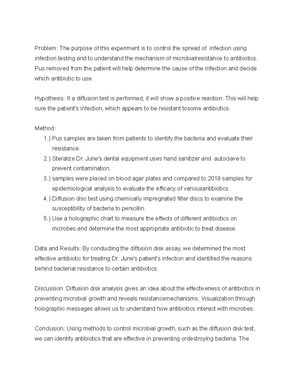 Lab Report wk 4 - Problem: The purpose of this experiment is to control the spread of infection ...