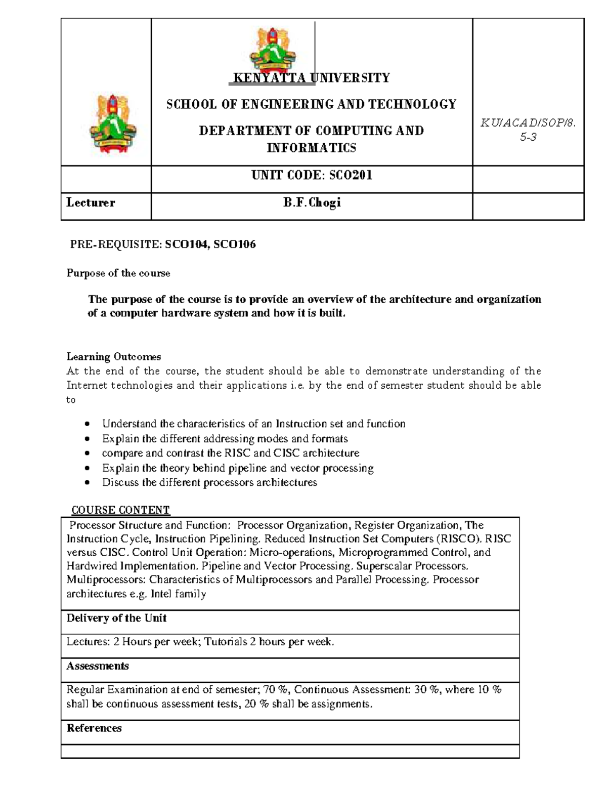 Course Outline-SCO201 Computer Organisation II - KENYATTA UNIVERSITY ...