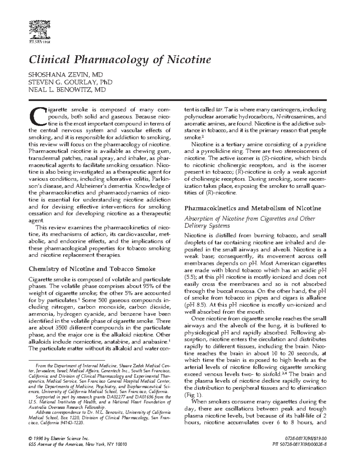 Zevin 1998 - Clinical Pharmacology of Nicotine SHOSHANA ZEVIN, MD ...