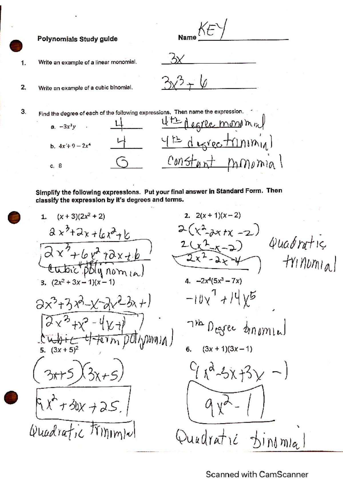 KEY 2020 Polynomial Study Guide - Studocu