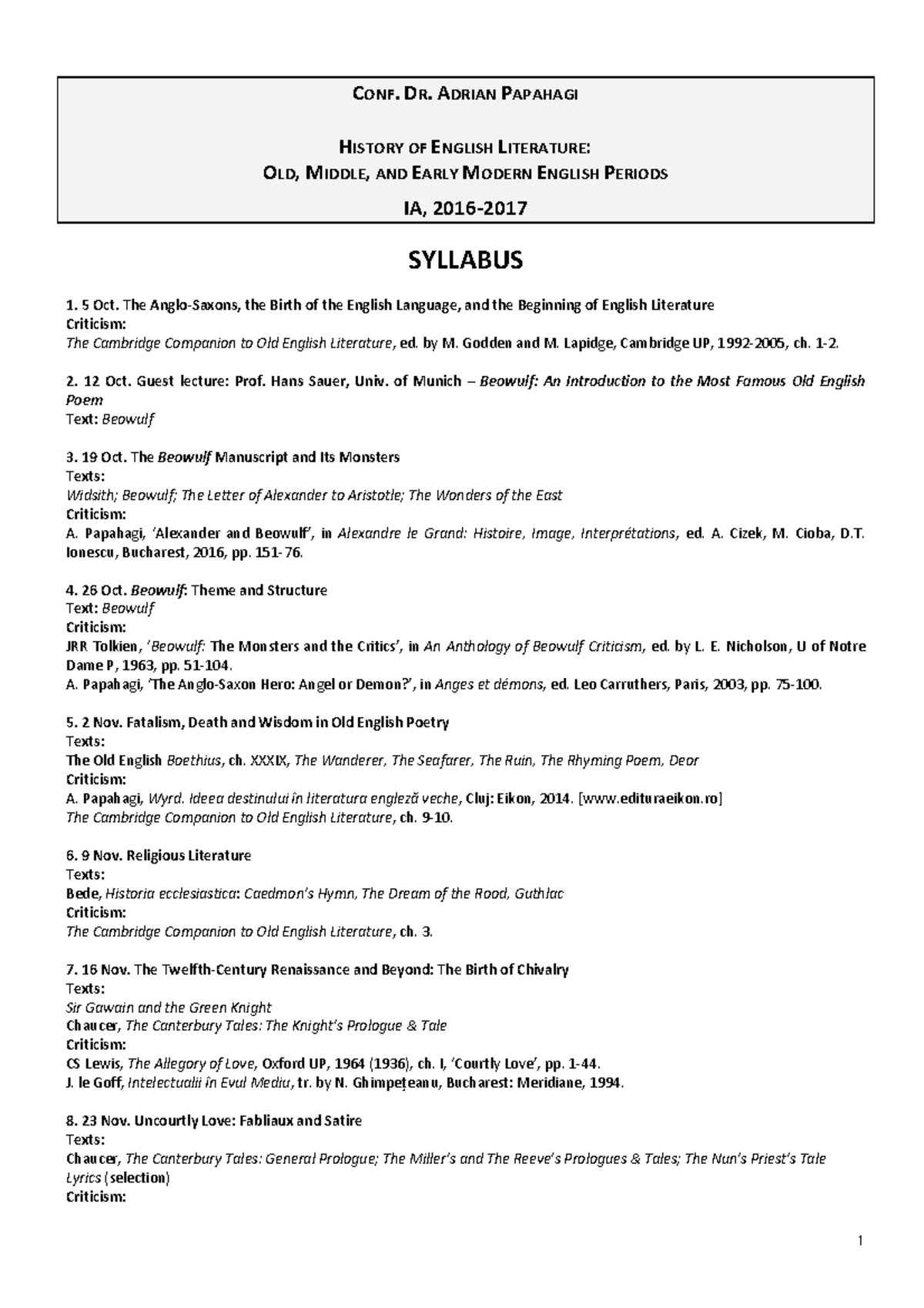Syllabus Ist. lit. IA-2016-17 - CONF. DR. ADRIAN PAPAHAGI HISTORY OF ...
