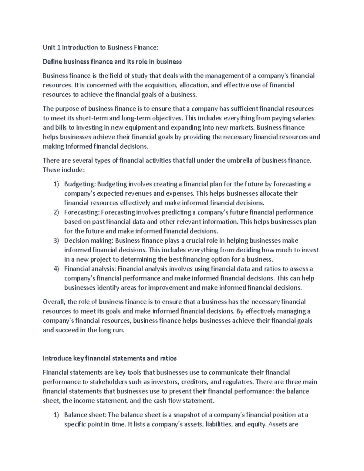 Unit 1 Introduction to Business Finance - Unit 1 Introduction to ...