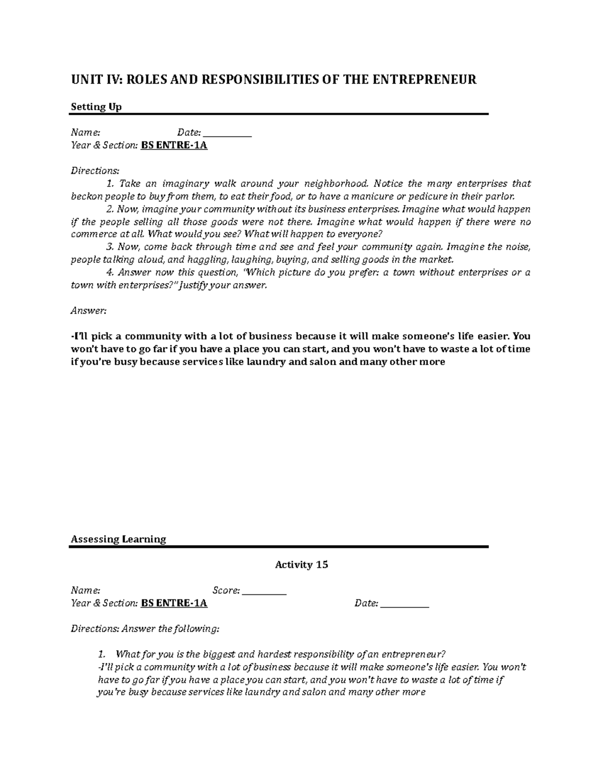 UNIT IV Entrep Behavior - UNIT IV: ROLES AND RESPONSIBILITIES OF THE ENTREPRENEUR Setting Up ...